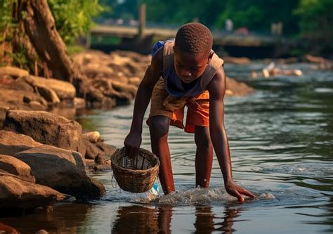 Premium Ai Image African Boy Pulling Something From The River In The