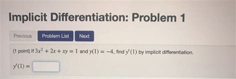 Solved Implicit Differentiation Problem 1 Previous Problem