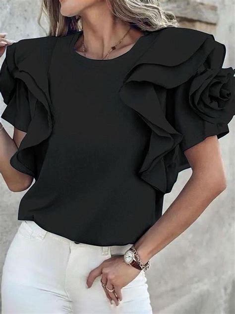 Loose Ruffle Sleeves Ruffled Solid Color Three Dimensional Flower Round
