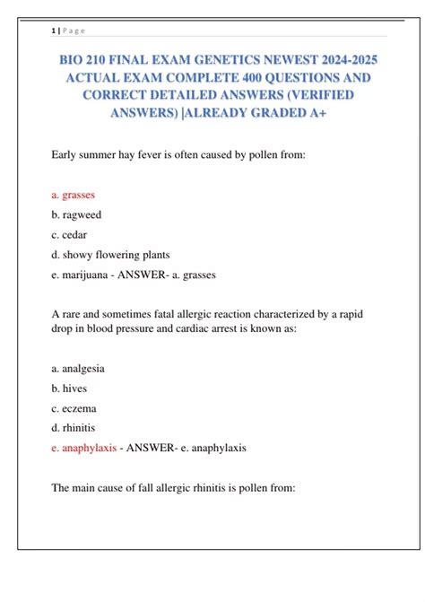 Bio 210 Final Exam Genetics Newest Actual Exam Complete 400 Questions And Correct Detailed