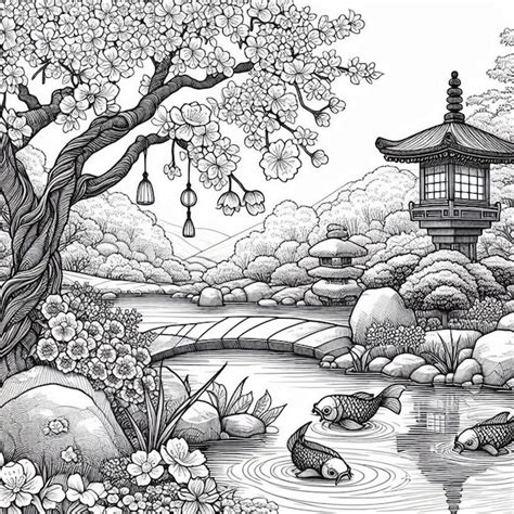 A Black And White Drawing Of A Garden With A Tree And A Lantern