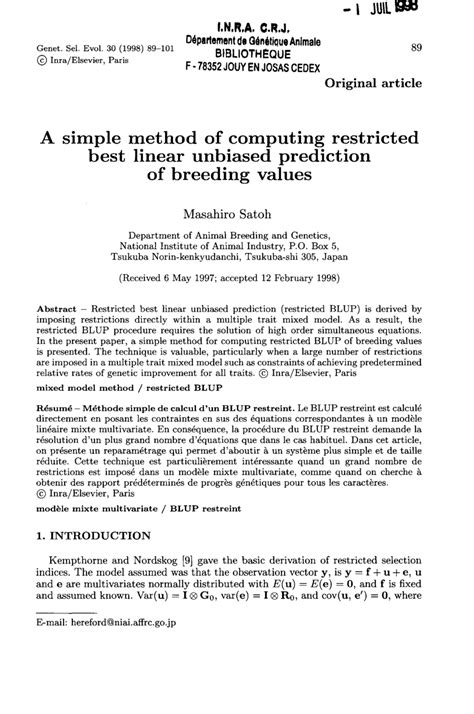 Pdf A Simple Method Of Computing Restricted Best Linear Unbiased Prediction Of Breeding Values