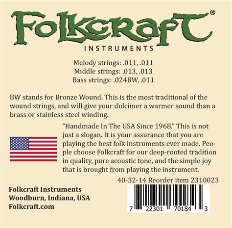 Folkcraft® Mountain Dulcimer String Set Six String Loop Ends 011