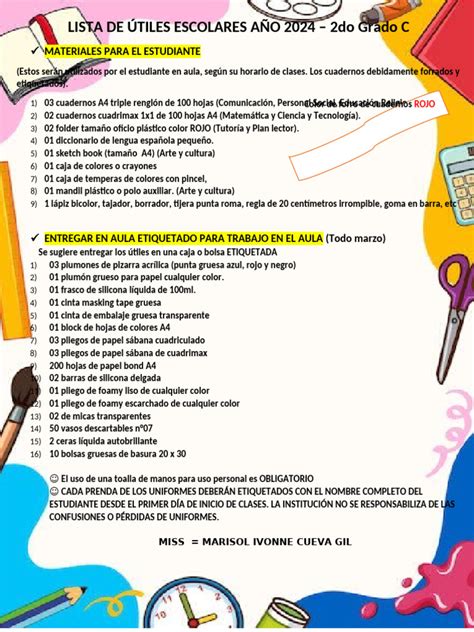Lista De Útiles Escolares Segundo Grado C Pdf