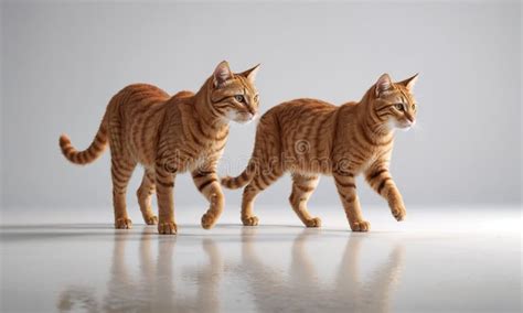 Two Orange Cats Are Walking Together On A Bright White Surface Stock