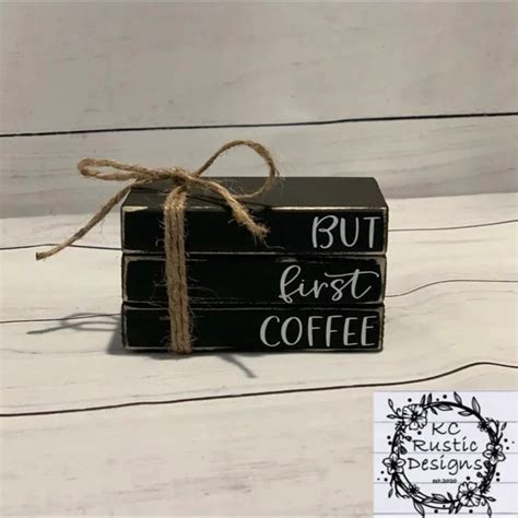 Coffee Mini Wood Book Stack Tiered Tray Decor Coffee Bar Farmhouse