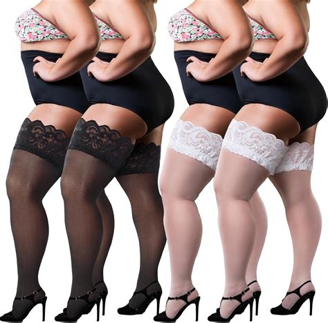 Jagely 4 Pairs Of 3 Xl Plus Size Thigh High Stockings Black White Nylon