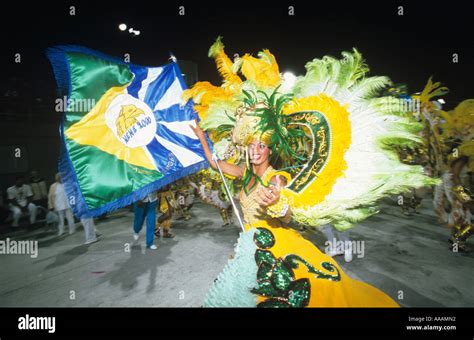 Dancer At The Sao Paulo Carnival Brazil With Flag Stock Photo Alamy