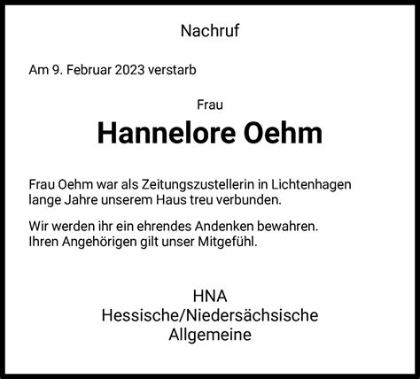 Traueranzeigen Von Hannelore Oehm Trauer Hna De