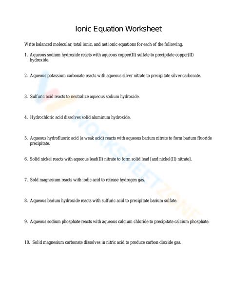 Ionic Equation Worksheet Worksheet