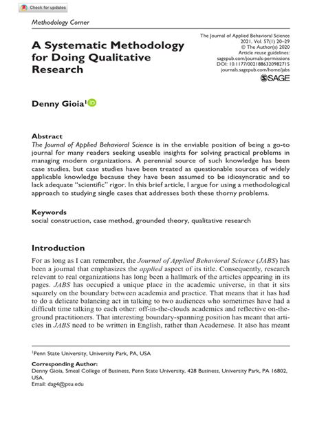 Gioia 2020 A Systematic Methodology For Doing Qualitative Research