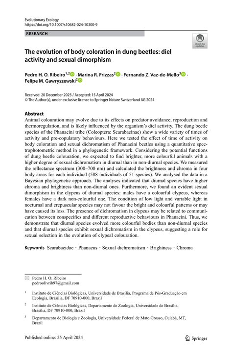 Pdf The Evolution Of Body Coloration In Dung Beetles Diel Activity