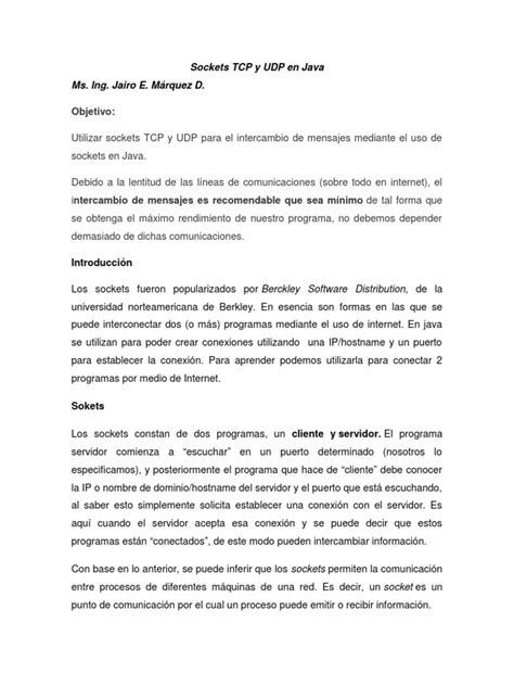 Sockets Tcp Y Udp En Java Pdf Zócalo De Red Java Lenguaje De Programación