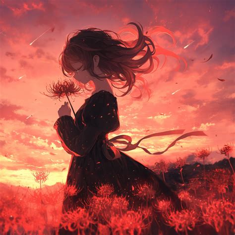 Sad Anime Girl In A Field Of Red Spider Lilies Pfp Animepfp