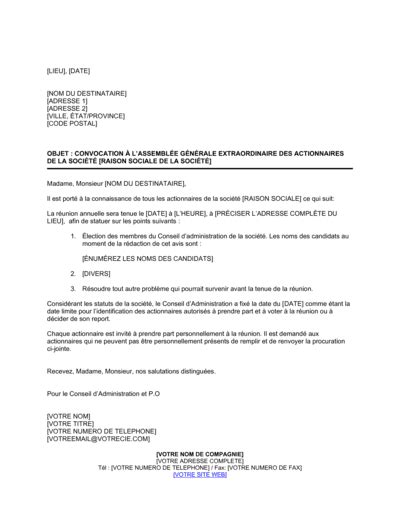 Convocation à Lassemblée Générale Extraordinaire Modèle Word And Pdf Essai Gratuit