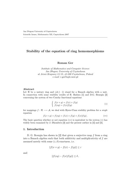 Pdf Stability Of The Equation Of Ring Homomorphisms