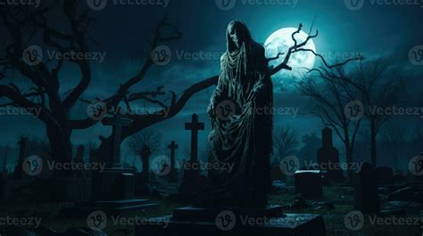 Spooky Graveyard Scene With Grim Reaper Statue With Moon And Fog Ai