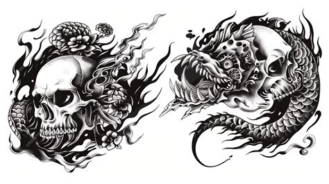 Two Black And White Skull Tattoos With Intricate Detail And Flames