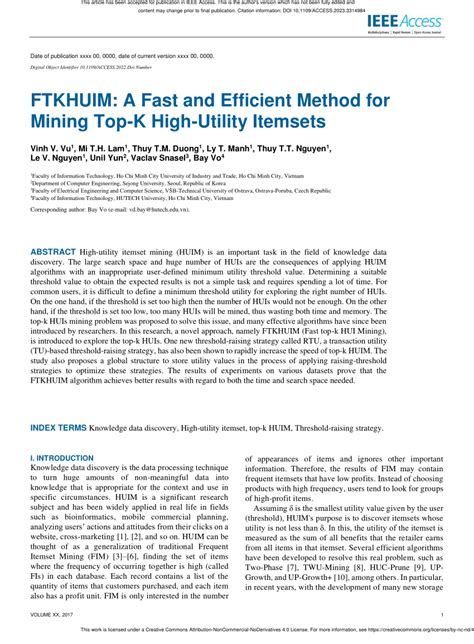 Pdf Ftkhuim A Fast And Efficient Method For Mining Top K High Utility Itemsets