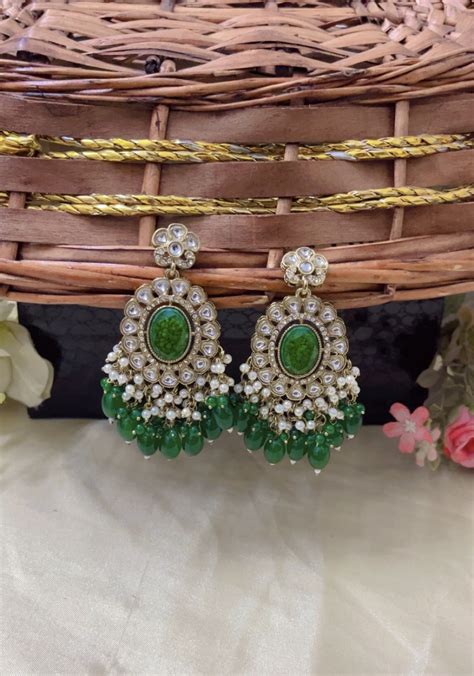 Premium Quality Long Kundan Earring In Green Shringarstreet