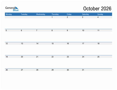 Editable Calendar Template For October 2026 Monday Start