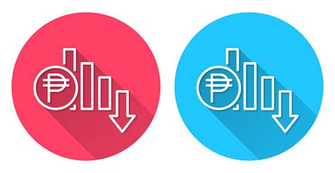 Peso Rate Decrease Round Icon With Long Shadow On Red Or Blue
