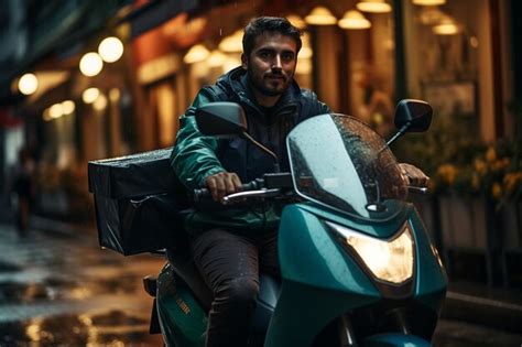 Premium Ai Image Scooter Courier Delivers Food To Customer Generative