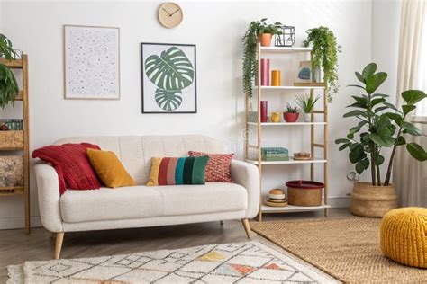Colorful Living Room With Boucle Sofa And Plants Stock Illustration