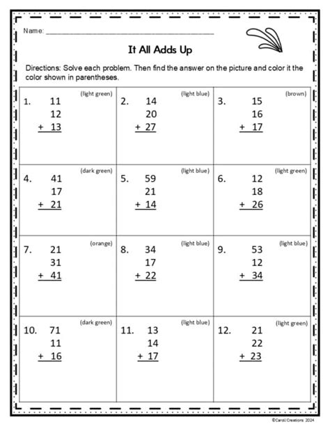 2 Digit Addition Color By Number Worksheets Bundle By Carolj Creations