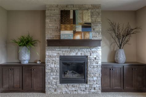 Stone Fireplace With Built In Cabinets On Each Side Fireplace Built