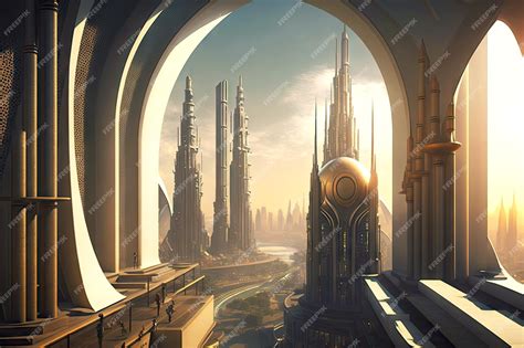 Ciudad Futura Con Grandes Ventanales Arqueados Y Torres Altas Foto Premium
