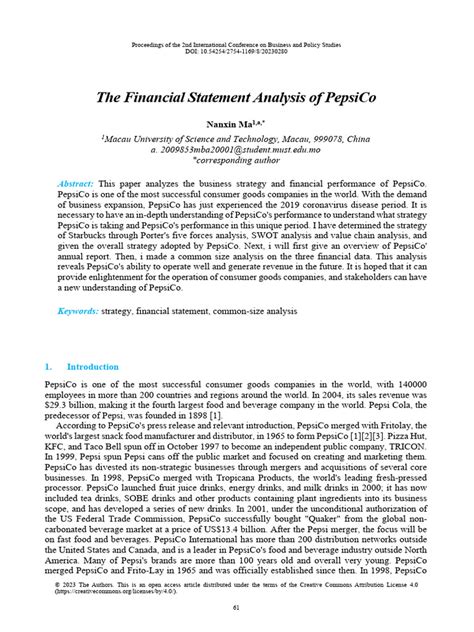 The Financial Statement Analysis Of Pepsico Pdf Pepsi Co Equity