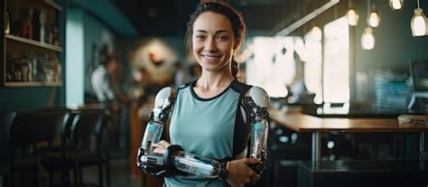 Premium Ai Image Young Woman With Bionic Prosthetic Arm Smiling At Camera In Doctor S Office