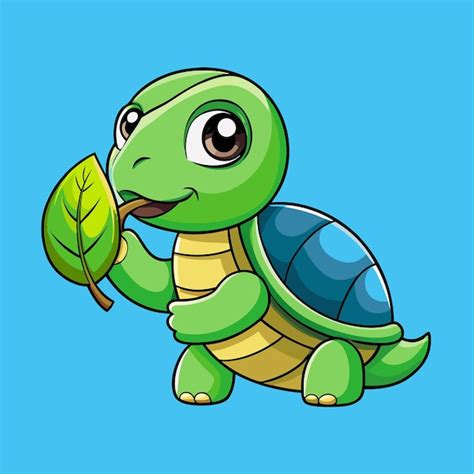 Adorable Turtle Munching On A Lush Green Leaf Cartoon Vector