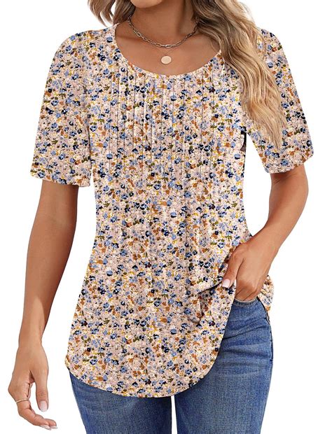 Fantaslook Womens Pleated Crew Neck Blouses Short Sleeve Tunic Tops