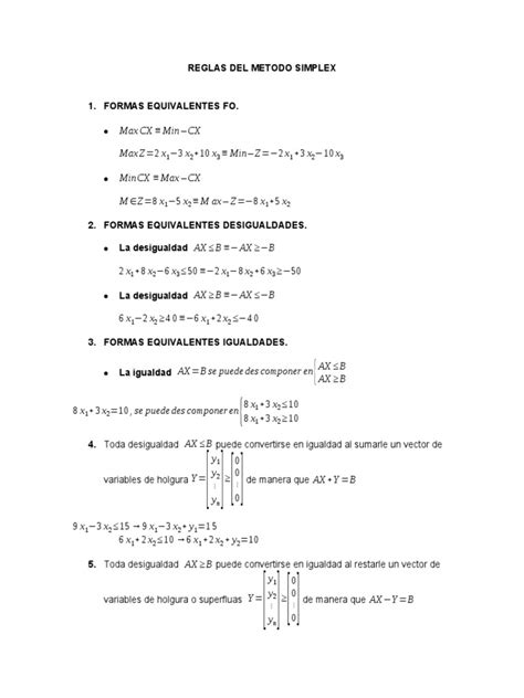 Reglas Del Metodo Simplex Pdf Matemáticas De La Computación Informática Teórica