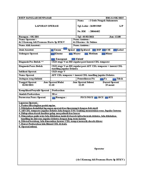 Laporan Operasi Aff Cdl Temporer Dan Insersi Cdl Tunelling Jugular Dekstra Pdf