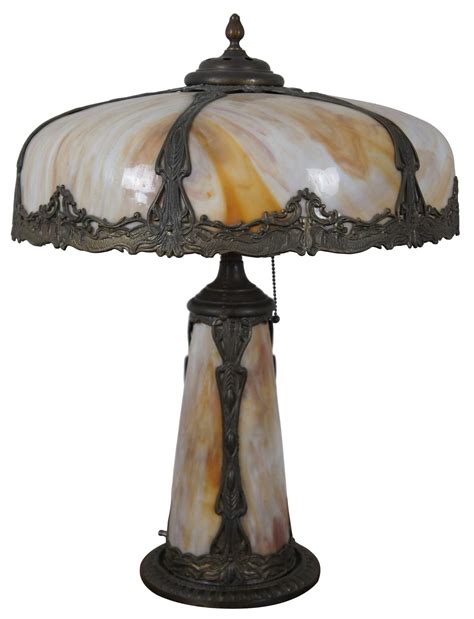 Antique Art Nouveau Bronze And Slag Glass 2 Light Lamp W Illuminated Base 24