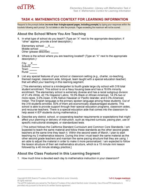 Task 4 Part A Math Context For Learning Template Task 4 Mathematics Context For Learning