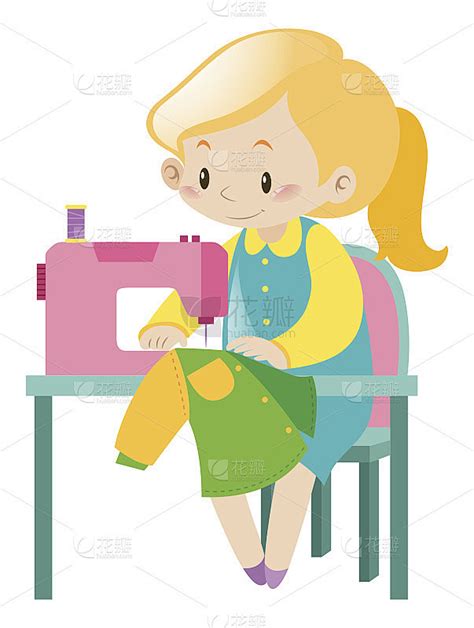 家庭主妇用缝纫机缝衣服