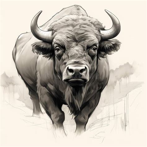 Majestic Buffalo Sketch With Powerful Curved Horns And Strength Stock