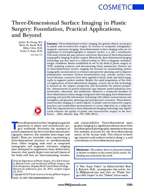 Pdf Three Dimensional Surface Imaging In Plastic Surgery