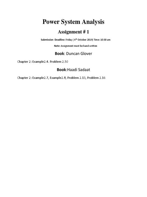 Power System Analysis Assignment 1 Pdf