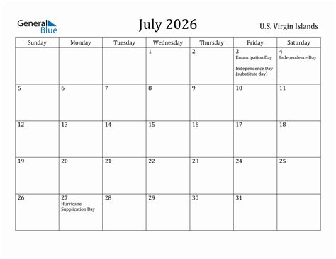 July 2026 Monthly Calendar With Us Virgin Islands Holidays
