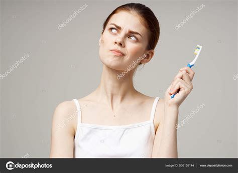 Woman Toothpaste Brushing Teeth Dental Health Isolated Background Stock
