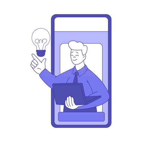Man With Lightbulb Looking From Smartphone Screen As Social Marketing And Promotion Vector