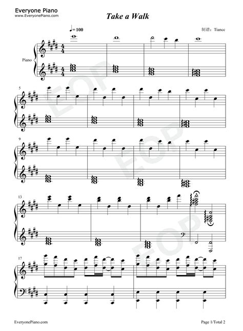 Take A Walk Passion Pit 钢琴谱文件（五线谱、双手简谱、数字谱、midi、pdf）免费下载