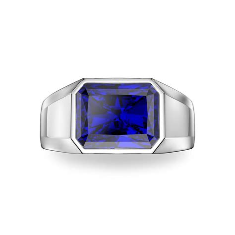 3ct Sapphire Emerald Cut Platinum Plated Silver Bezel Signet Ring