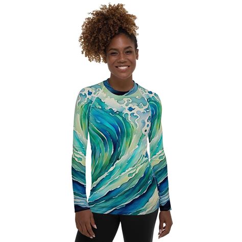 Watercolor Ocean Wave Rash Guard Womens Long Sleeve Surf Shirt Upf