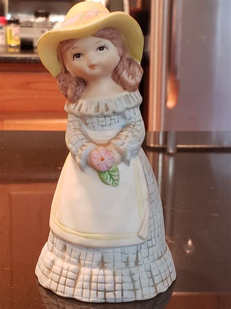 Enesco Lady Bell Fine Porcelain Girl Doll Figurine Bell Bonnet Flowers Pre Owned
